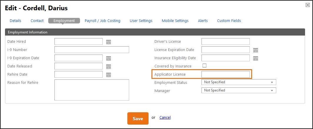 Add a Chemical Applicator License Number